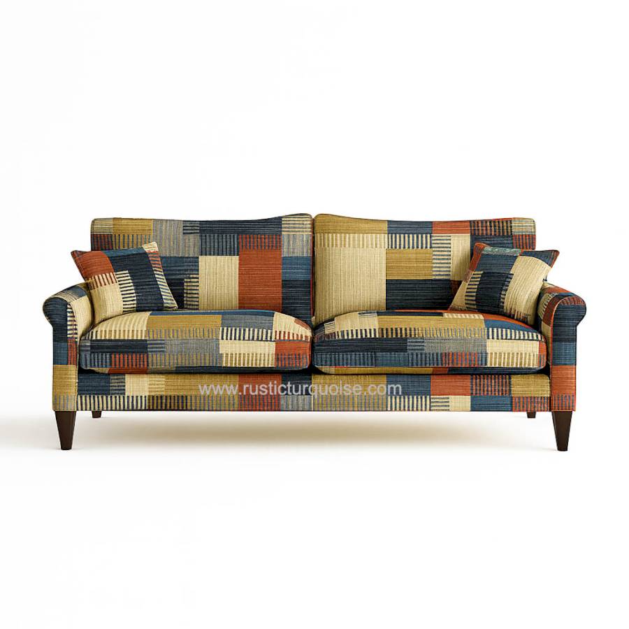 Rustic Patchwork Beige 3 Seater Sofa